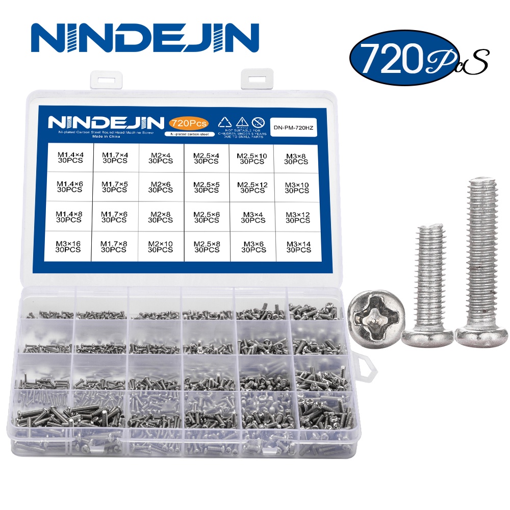 NINDEJIN Cross Recessed Round Pan Head Laptop Screws Set M1.4 M1.7 M2 M2.5 M3 Carbon Steel ...