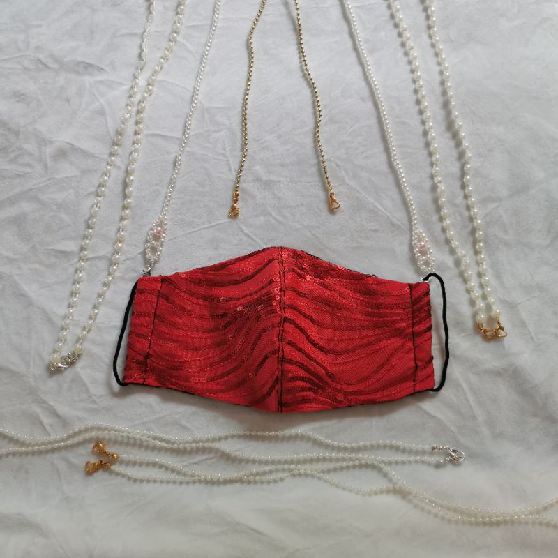 Face Mask Mask Fabric Cloth Fabric Red Sequin Embroidery Pearl Beaded ...