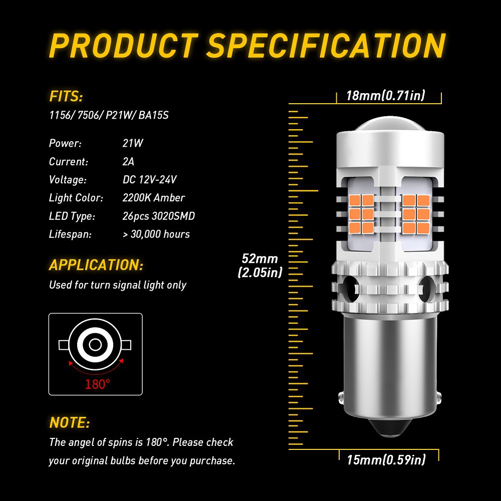 AUXITO 2Pcs No Hyper Flash T20 7440 1156 P21W BA15S LED Turn Signal Light Amber Yellow No Error ...
