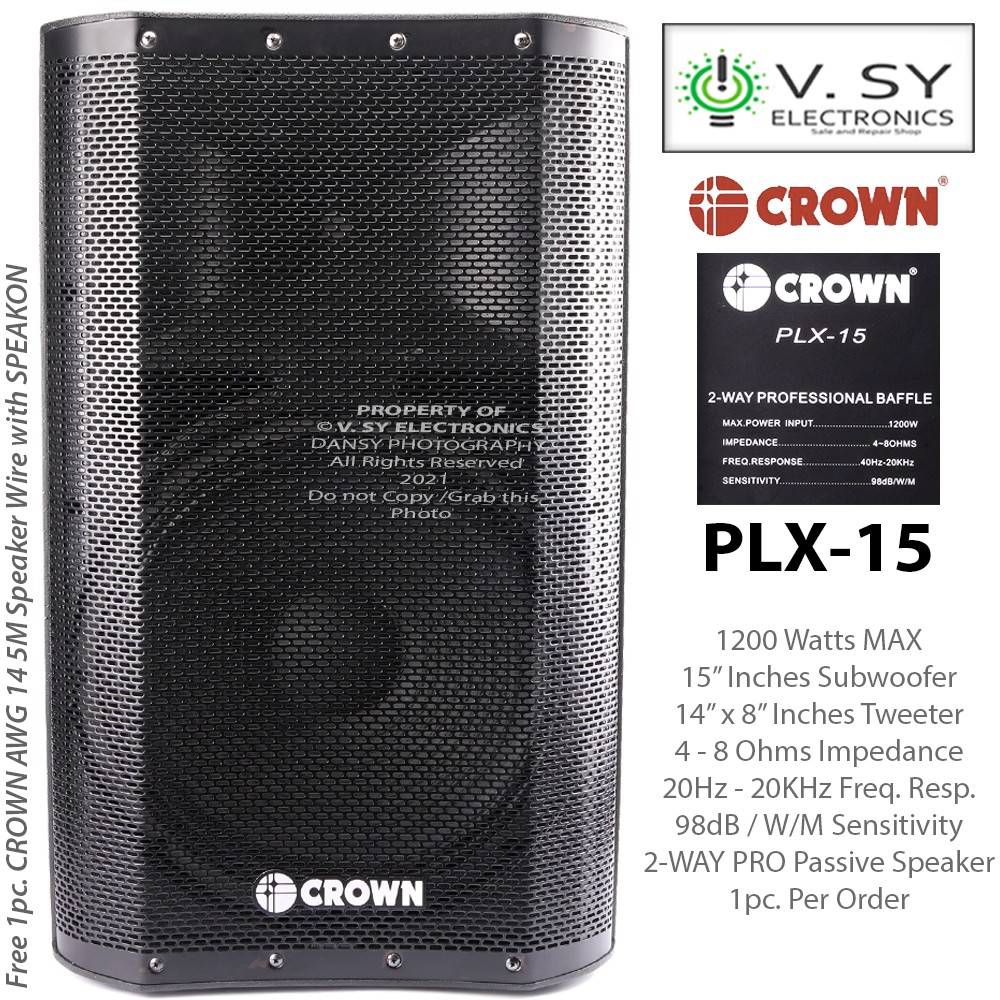 1pc. 2023 Original CROWN PLX-15 1200W 4 - 8 Ohms 15 Inches 2-Way ...