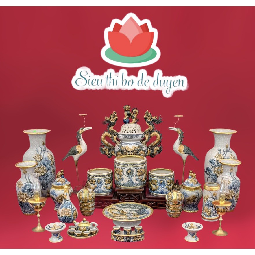 Bat Trang porcelain worship set embossed with 3D antique cracked enamel ...