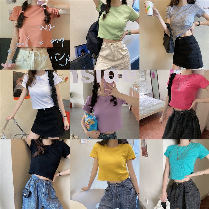 Cotton Short-SleeveTT-shirt Sexy Midriff-Baring Top Female Short Shirt ...