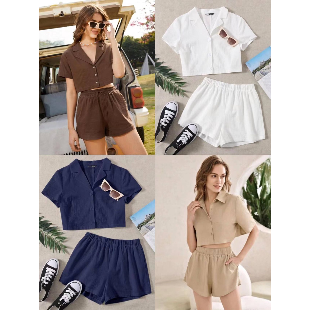 Polo Crop Top Blouse Terno CoordinatesShort with Pocket TRENDY | Shopee ...