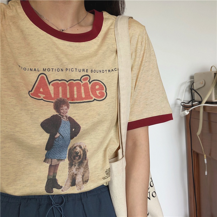 American Retro Annie Print Short Sleeve T-Shirt Women's Loose Casual ...