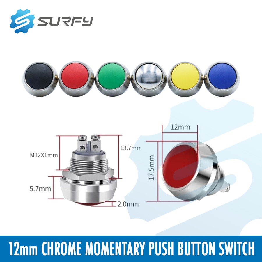 Surfy Motorcycle Alloy Momentary Push Button Switch Passing Light 12mm ...