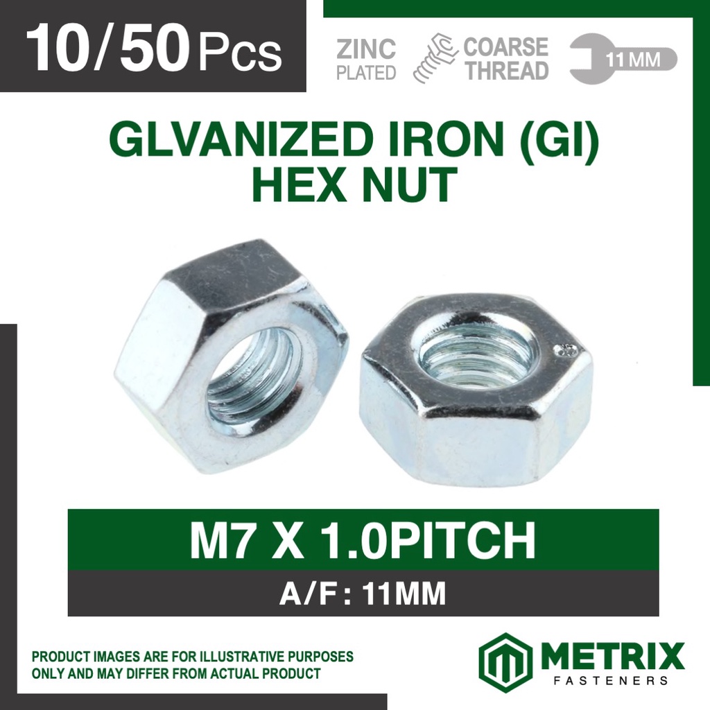 10/50pc Galvanized Iron (GI) Nut / GI Hex Nut M7 ( 7MM x 1.0PITCH ) NC ...