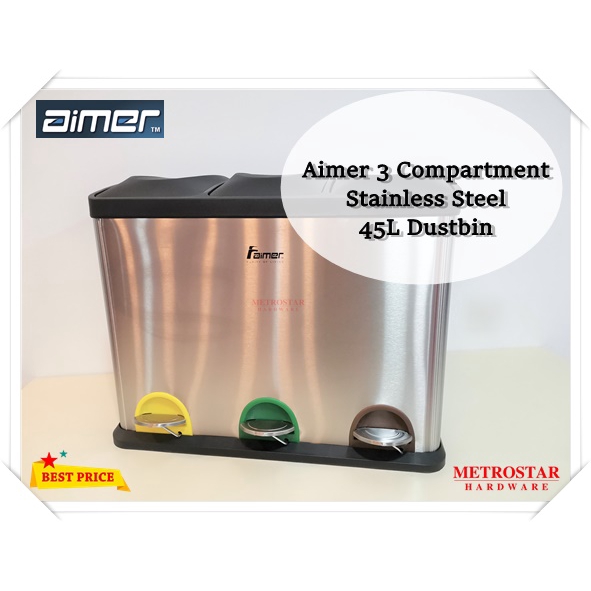 Aimer 3 Compartment Stainless Steel 45L Dustbin | Shopee Philippines