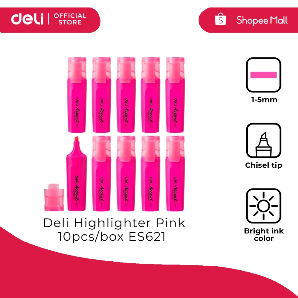 Deli ES621 - Highlighter Pink 10pcs/box (1BOX) [7531621A4P12] | Shopee ...
