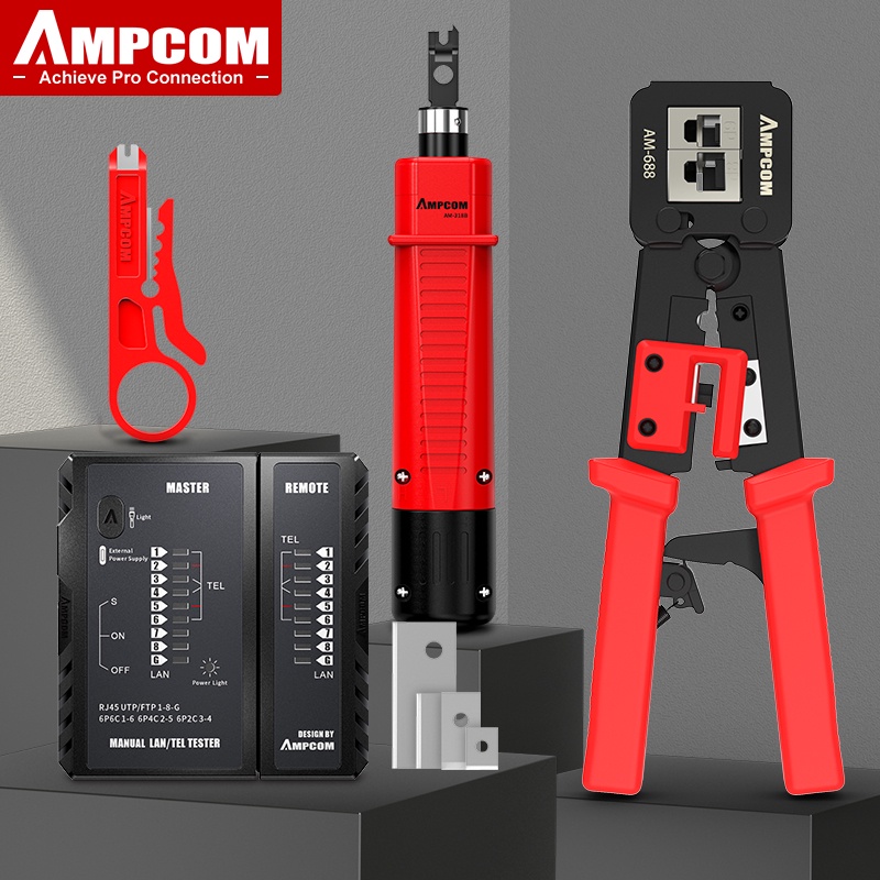 AMPCOM RJ45 Crimper Lan Tester Tool Set Ethernet Cable Stripper Punch ...