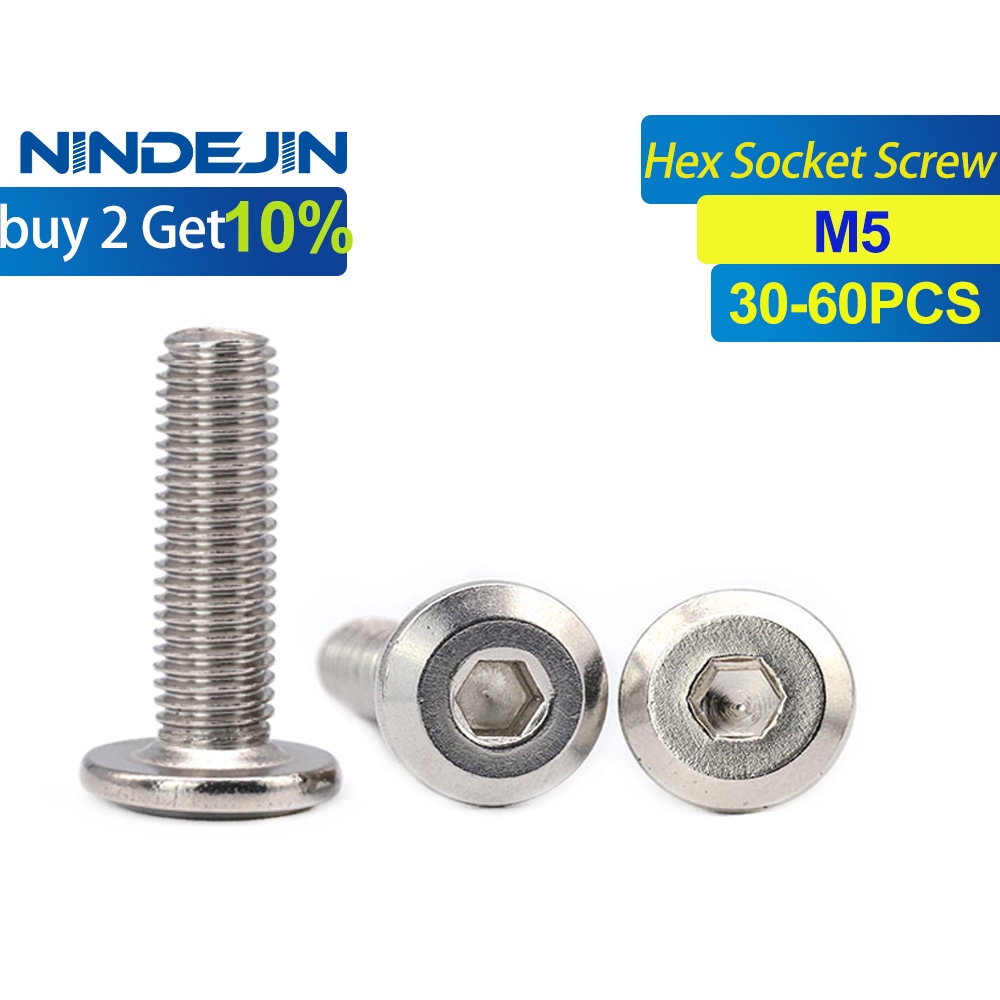 NINDEJIN 30-60pcs Chamfered Hex Beveled Flat Round Head M5 304 Stainless Steel Internal Hexagon ...