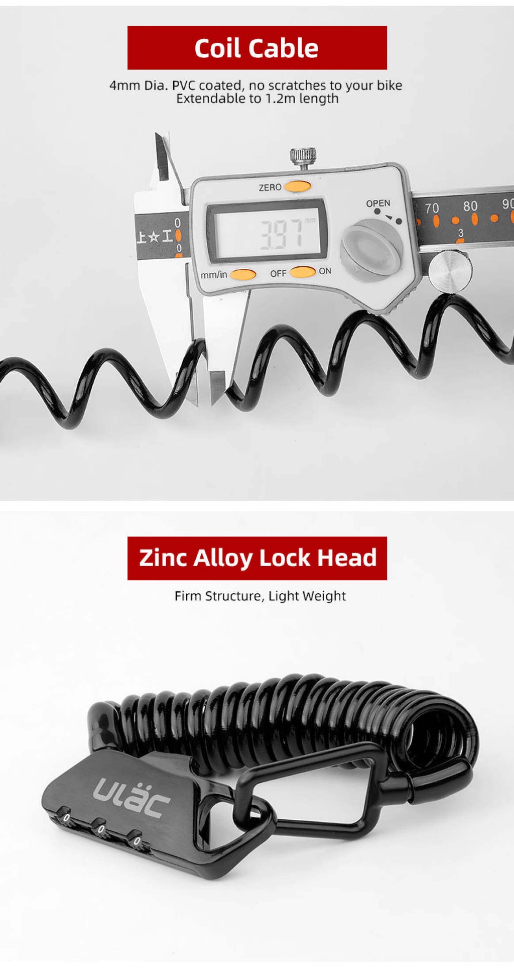 Cycling Combo Lock 3 Digits Combination Resettable Spiral Cable ...