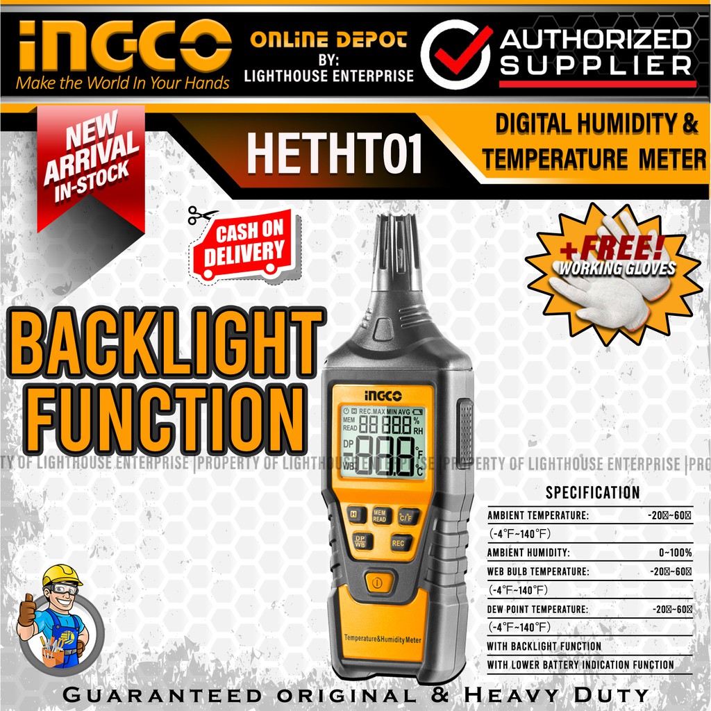 INGCO Digital Humidity & Temperature Meter (HETHT01) w/FREE Gloves ...