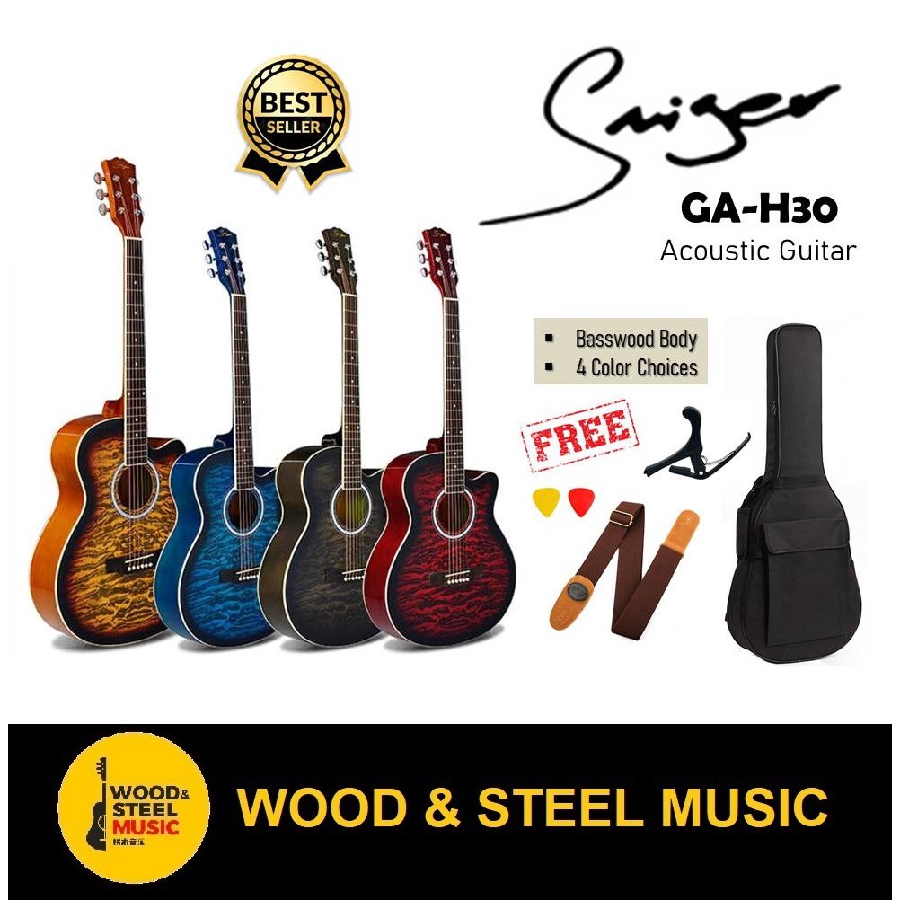 Smiger GA-H30 40" Basswood Body Acoustic Guitar with FREE Gig Bag ...