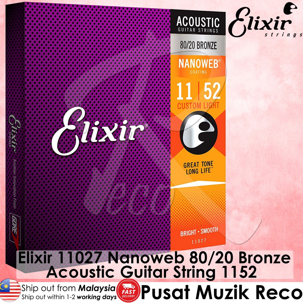 Elixir 11027 Nanoweb 80/20 Bronze Acoustic Strings 1152 Custom Light ...