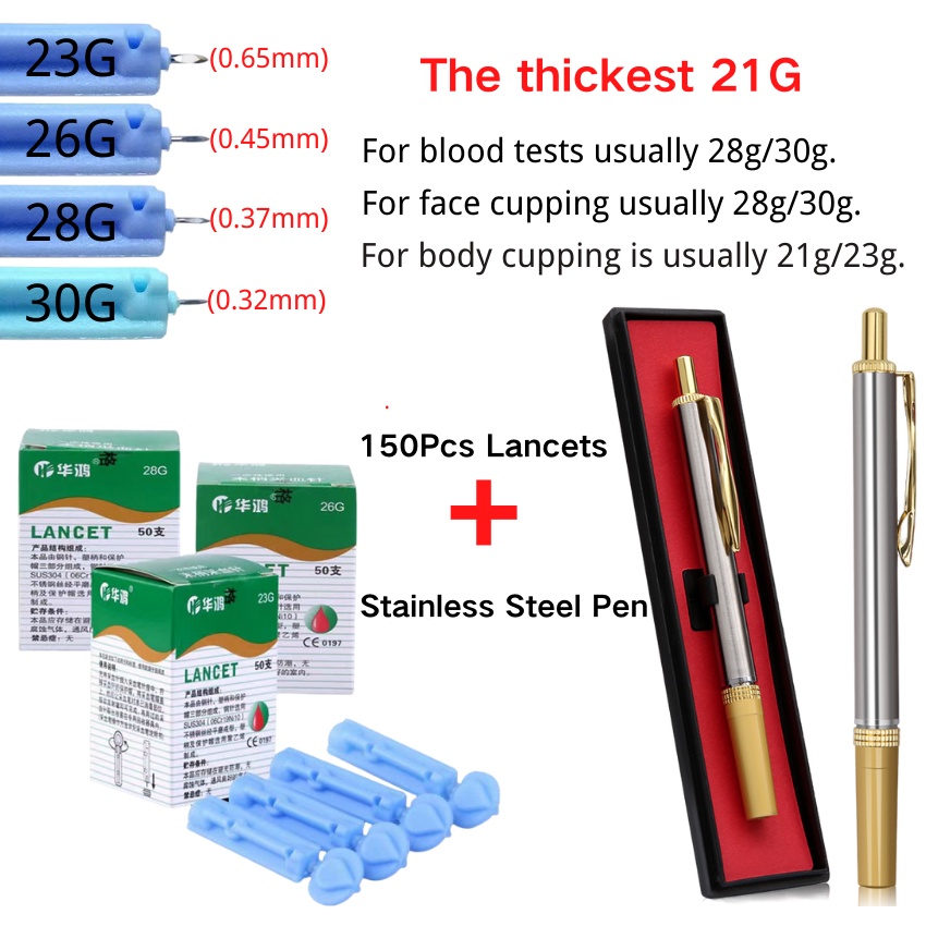 Pen Bekam Stainless Steel Pen + 150Pcs 21G/23G/26G/30/28G Kotak Jarum Bekam Needles Alat Bekam ...