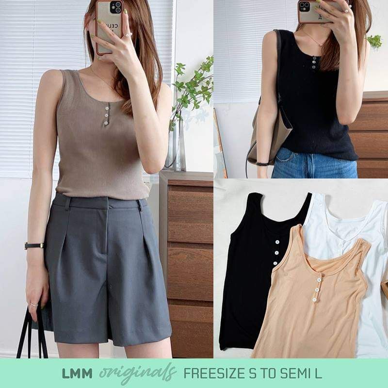 women fashion button sleeveless sando shirt blouse tee cotton spandex ...