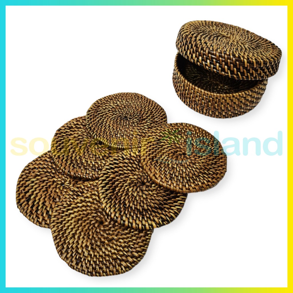 (SET OF 6) NITO RATTAN Woven Wicker Coaster with Holder Philippine ...