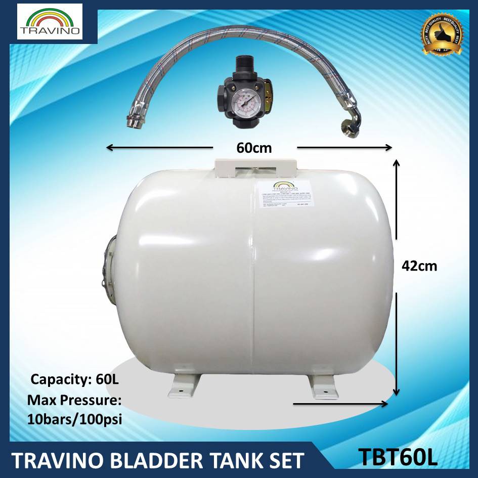TRAVINO 60L Bladder Pressure Tank Horizontal TBT60H Genuine Heavy Duty ...