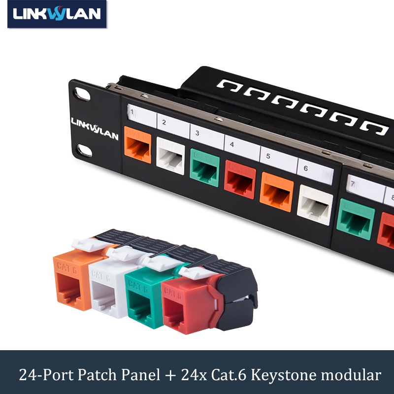 Linkwylan 19" 24-Port Modular Patch Panel Cat 5e Cat6 Cat 6A Incl. 24pcs RJ45 Tool-less Keystone ...