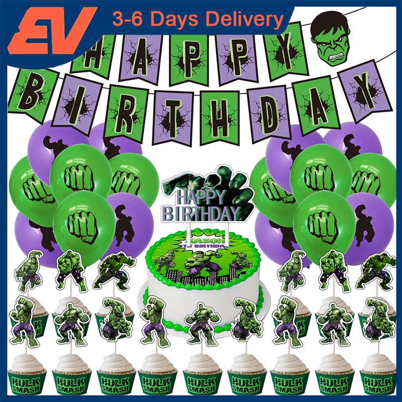 "Hulk" Theme Party Decoration Set Birthday Flag Cake Toppers Latex ...
