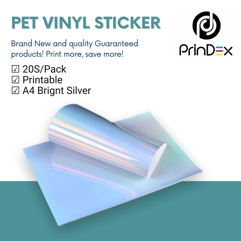PrinDex 20Sheets A4 printable Bright Silver Sticker PET Vinyl Sticker ...