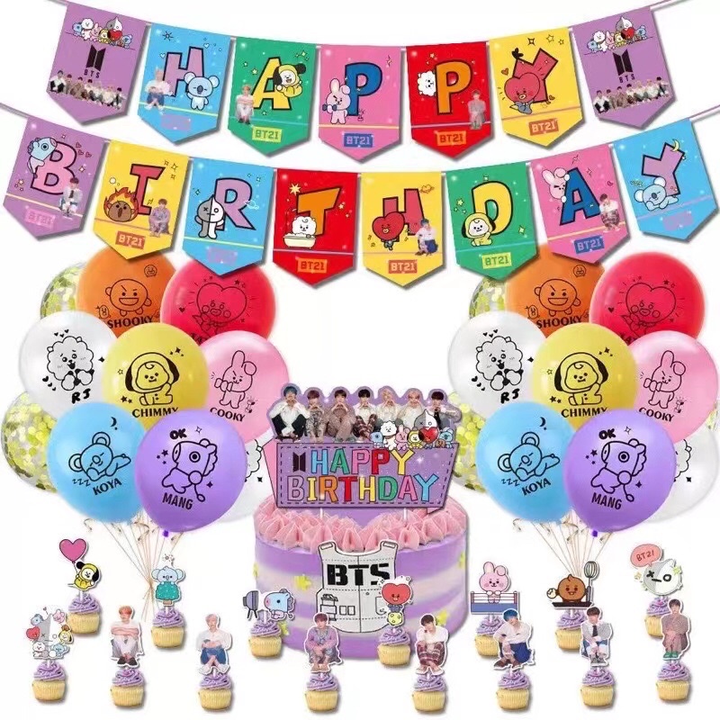 BTS BT21 Party Decorations Set Banner Latex Balloons Cake Topper ...