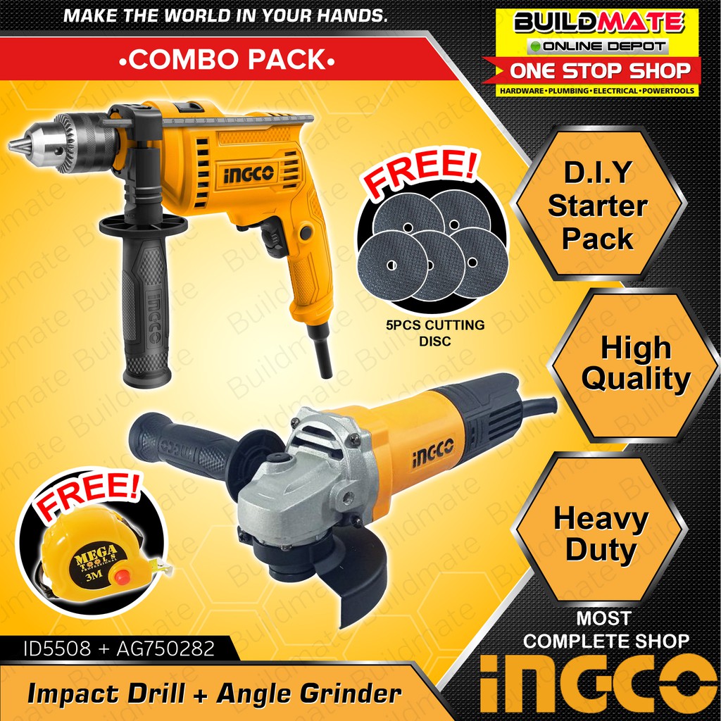 BUILDMATE Ingco [COMBO] Impact Drill ID5508 & Angle Grinder AG750282 ...