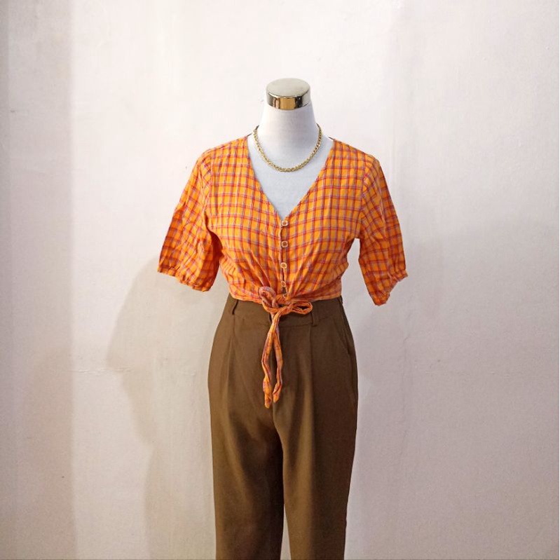 Checkered Orange Crop Top with Buttons and Tie-Knot | Shopee Philippines