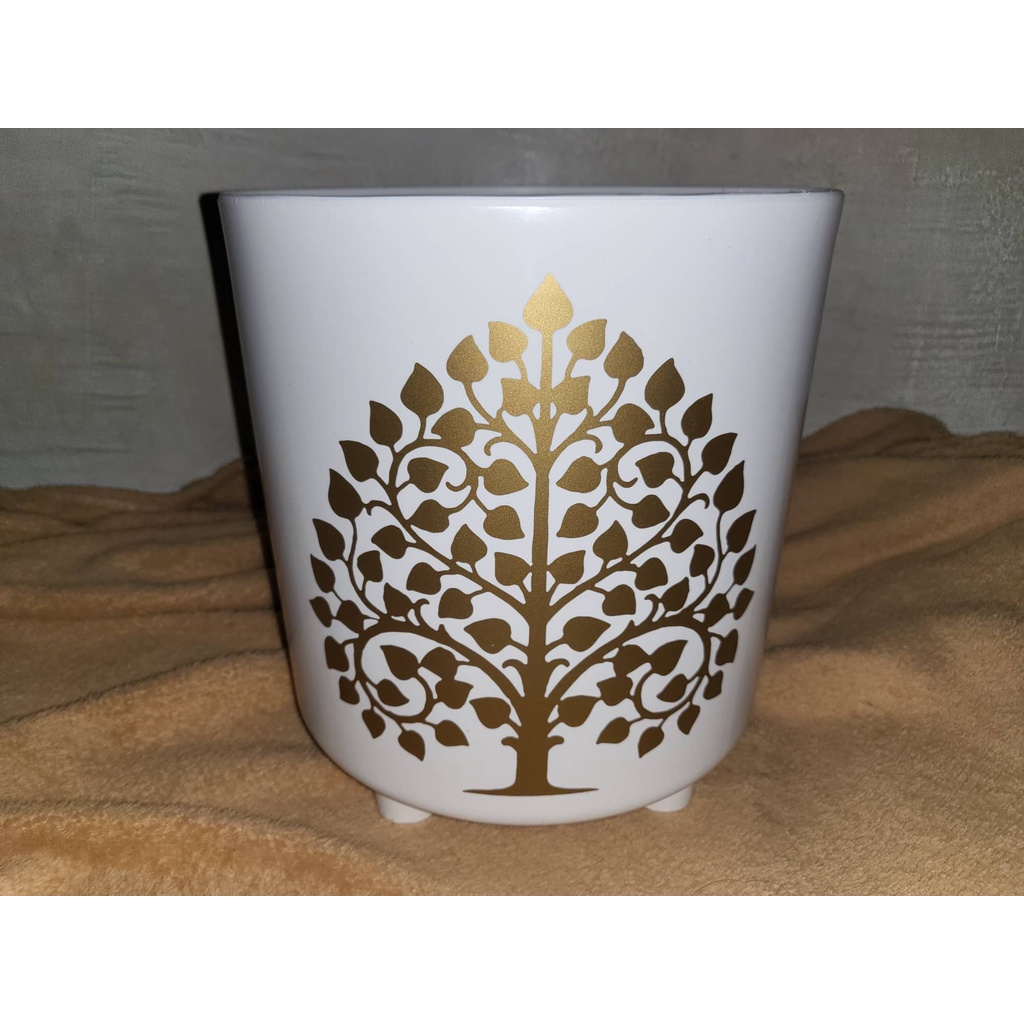 BIG golden tree print white pots for plants LARGE 9x9.5 inches / paso ...