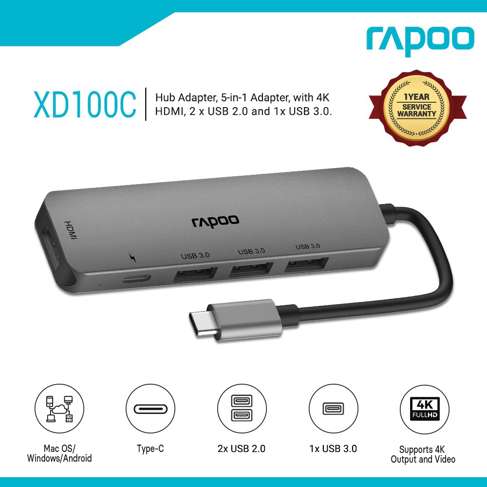[Buy 1 Take 1]Rapoo XD100C Hub Adapter, 5-in-1 Adapter, 4K HDMI, 2 x ...