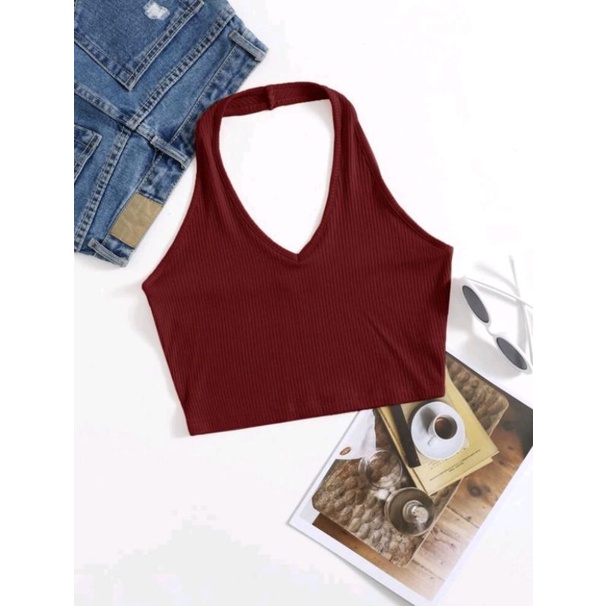 Rib-Knit Crop Halter Top (SHEIN) | Shopee Philippines