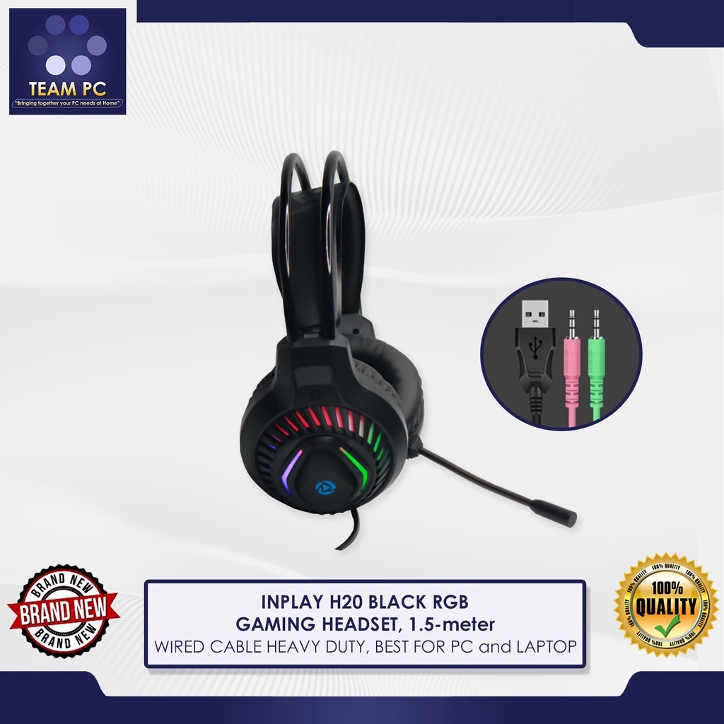 INPLAY H20 BLACK RGB GAMING HEADSET, 1.5-meter WIRED CABLE HEAVY DUTY ...