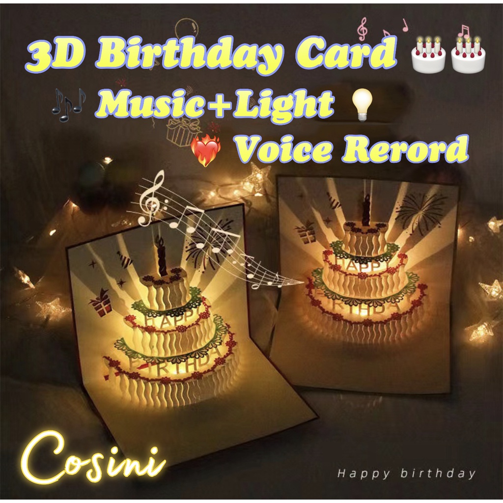 [Coisíní] 3D Birthday Card Cake Music Light Birthday Music 3D Card With ...