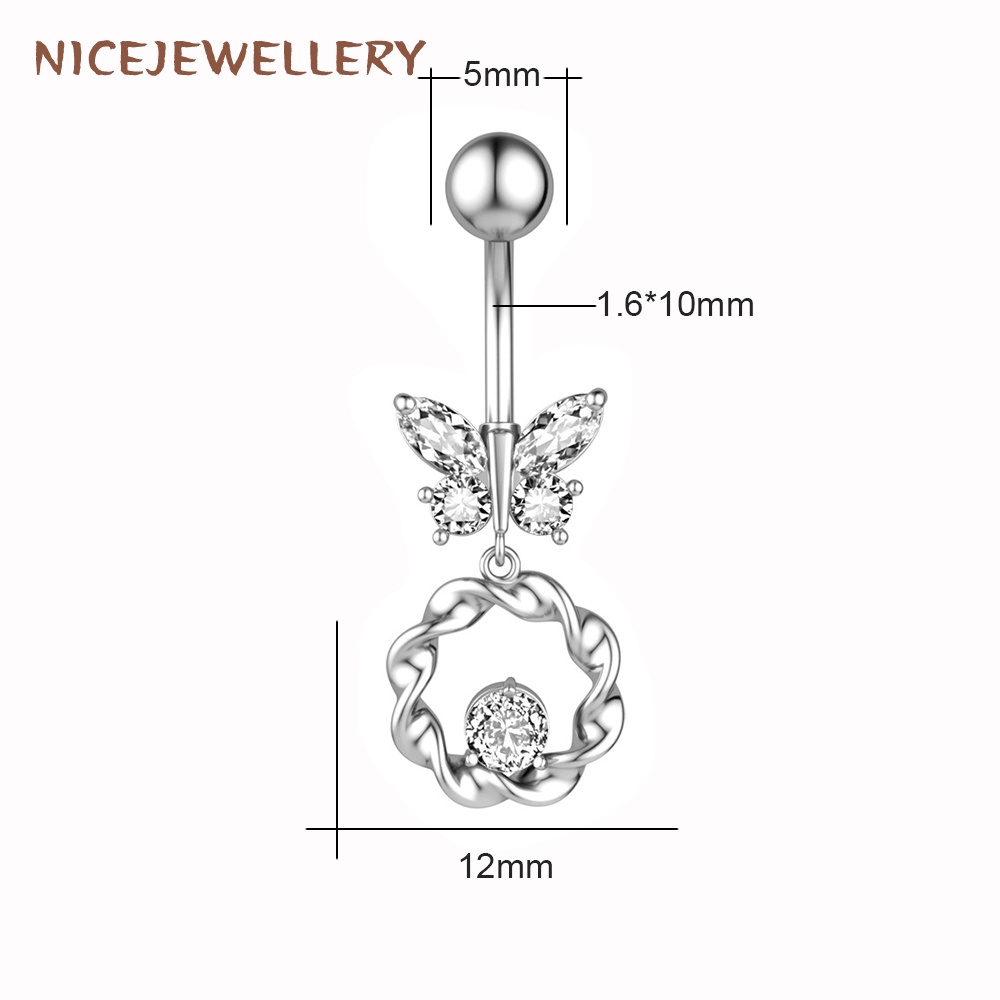 Rhinestone Dangle Navel Rings Silver Butterfly Bellybutton Piercings ...