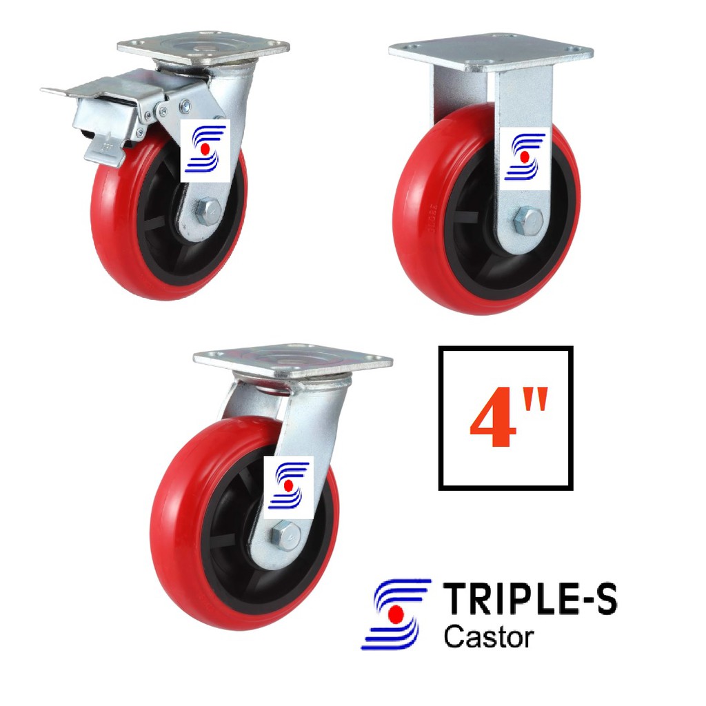 4" / 100 mm Heavy Duty Red PU Korean Type castors wheels top plate ...