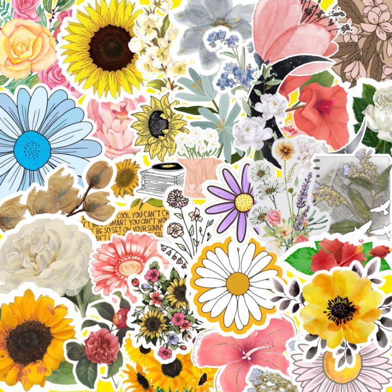 30-50 pcs aesthetic flower Stickers in different sizes(glossy water ...