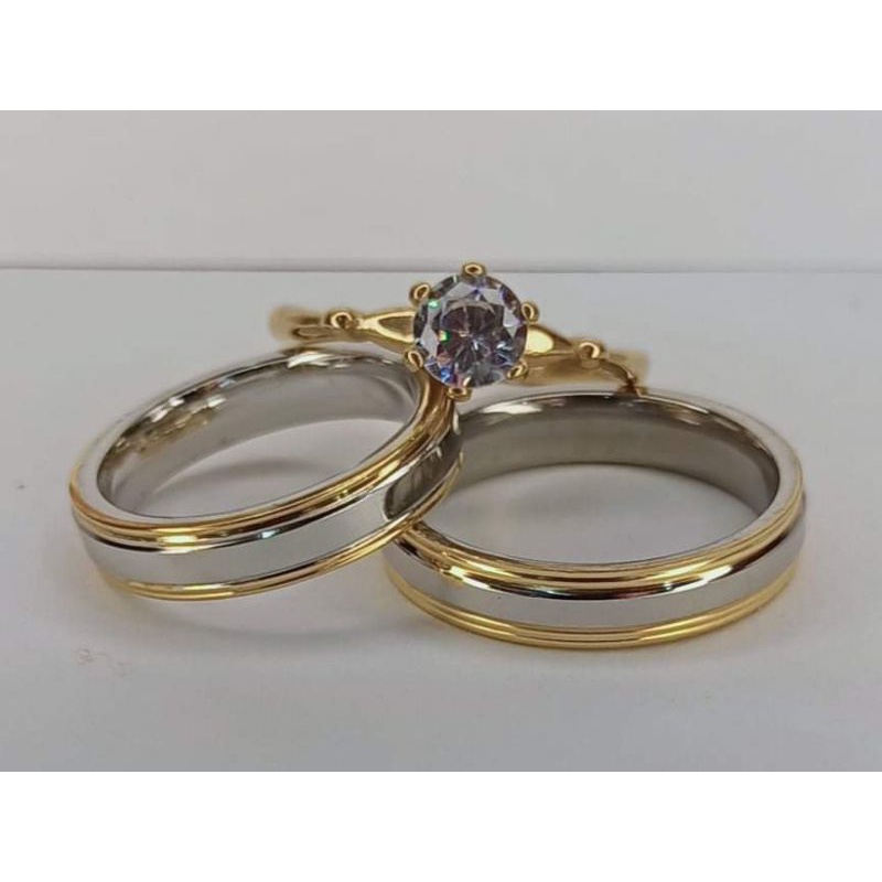 18k -GOLD STEEL )3in1 SET WEDDING RING WITH ENGAGEMENT RING FREE ...