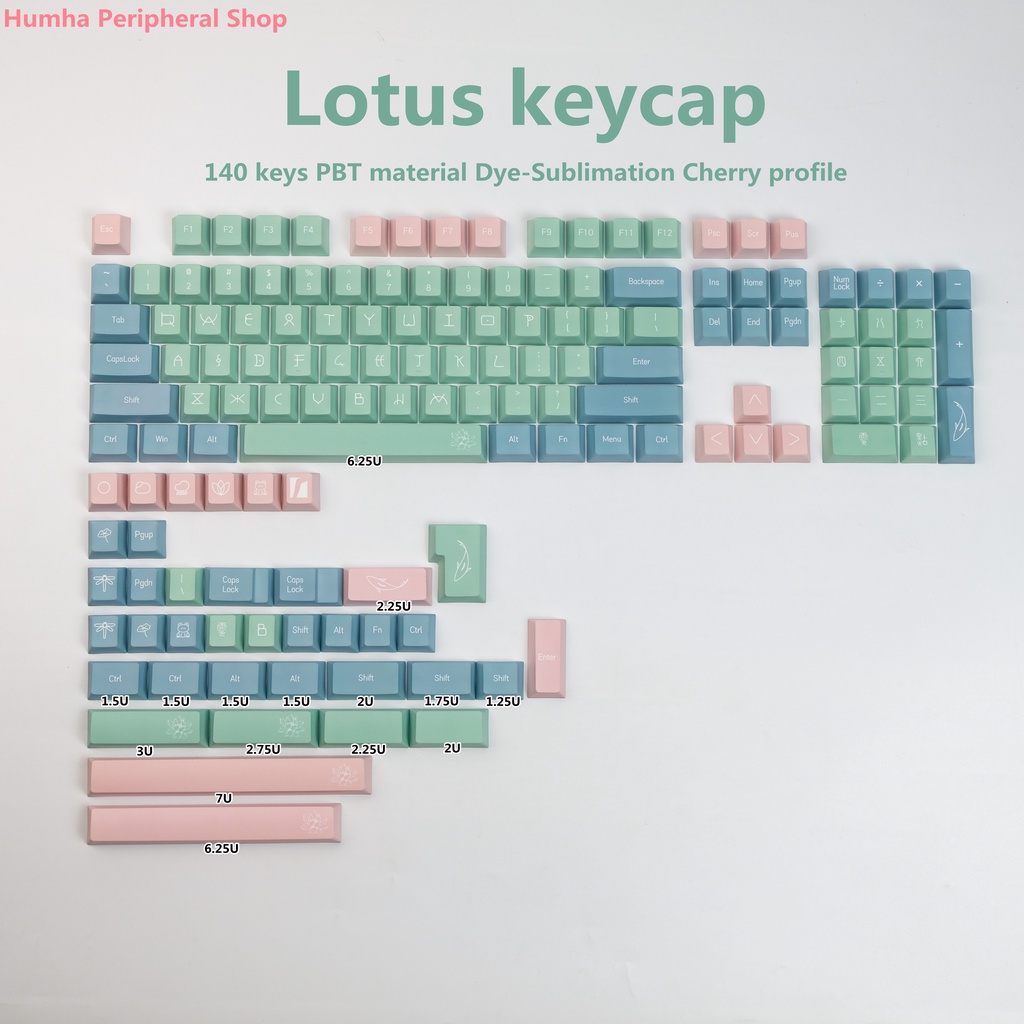 Humha Lotus keycap 140 keys PBT material Dye-Sublimation Cherry profile Mechanical Keyboard ...