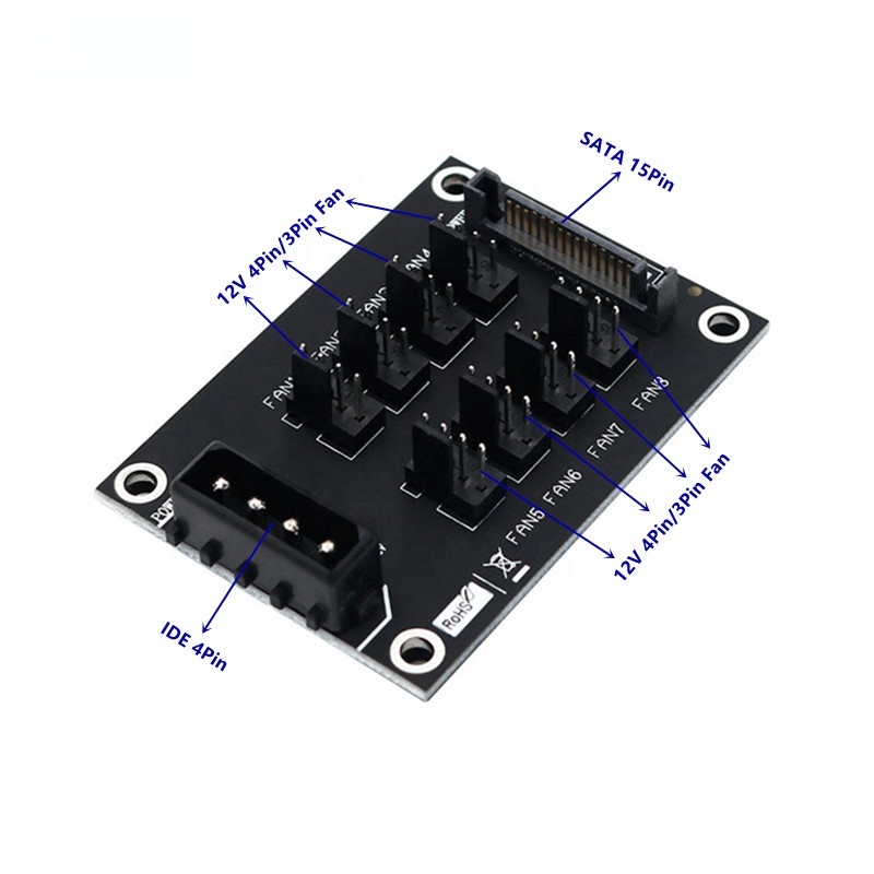 8 Port 4Pin 3Pin 12V PWM Fan Hub Breakout Board with SATA 15 Pin & IDE ...