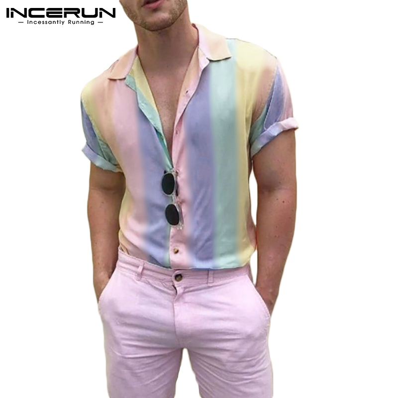 Incerun Mens Fashion Gradient Colorful Striped Short Sleeve Casual