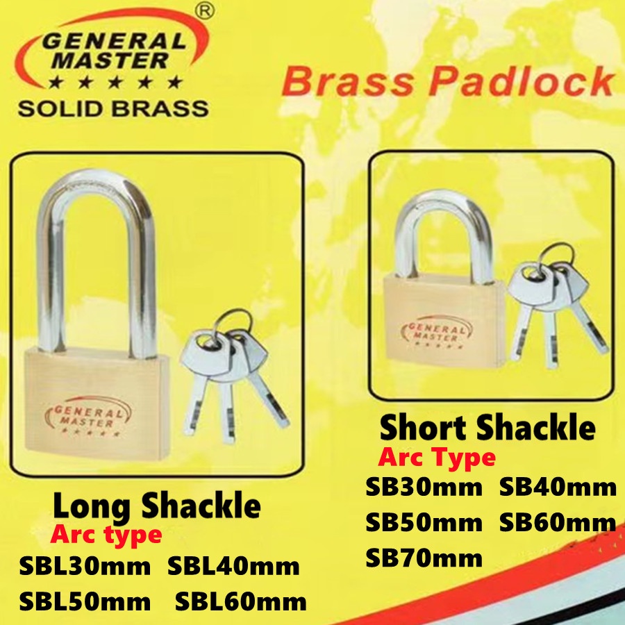 GENERAL MASTER Heavy Duty Solid Brass Padlock Long Shackle & Short ...