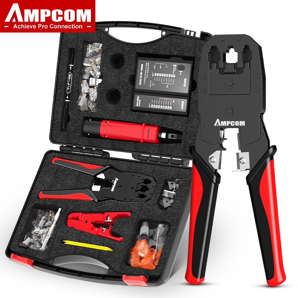 AMPCOM RJ45 Crimper Lan Tester Tool Set Ethernet Cable Stripper Punch ...