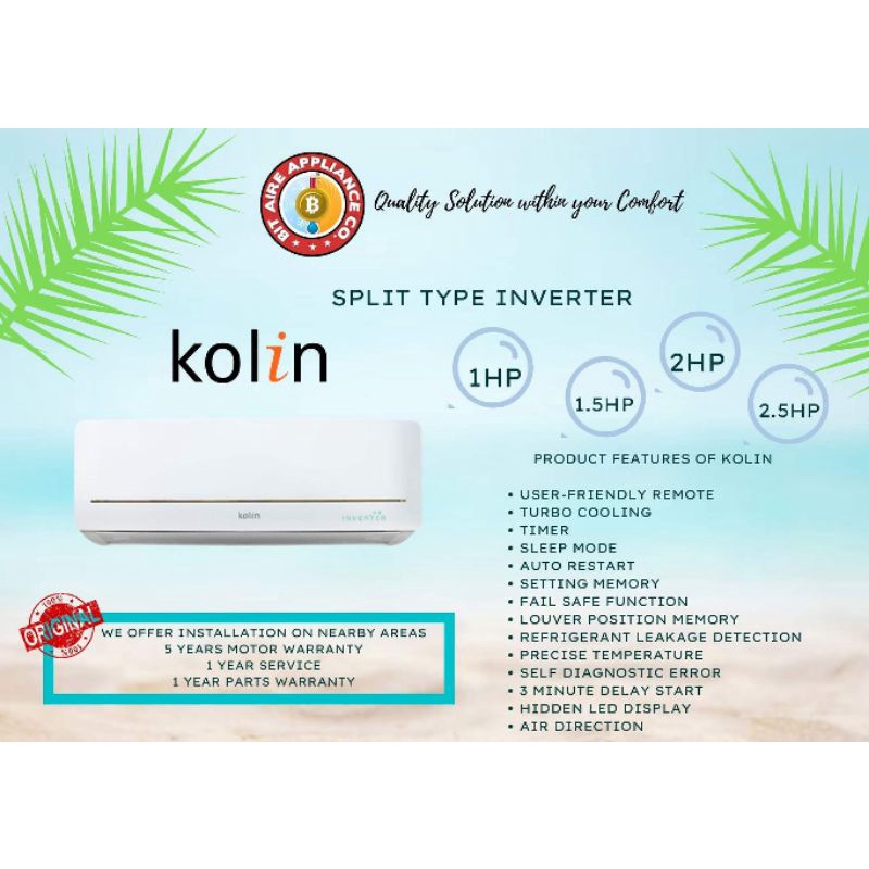 KOLIN 1HP To 2.5HP STANDARD INVERTER SPLIT TYPE AIRCON | Shopee Philippines
