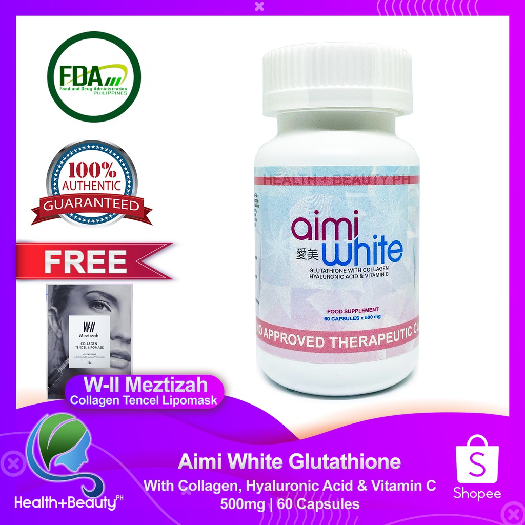 Aimi White Glutathione with Collagen, Hyaluronic Acid & Vitamin C 500mg 60 Capsules (FDA ...
