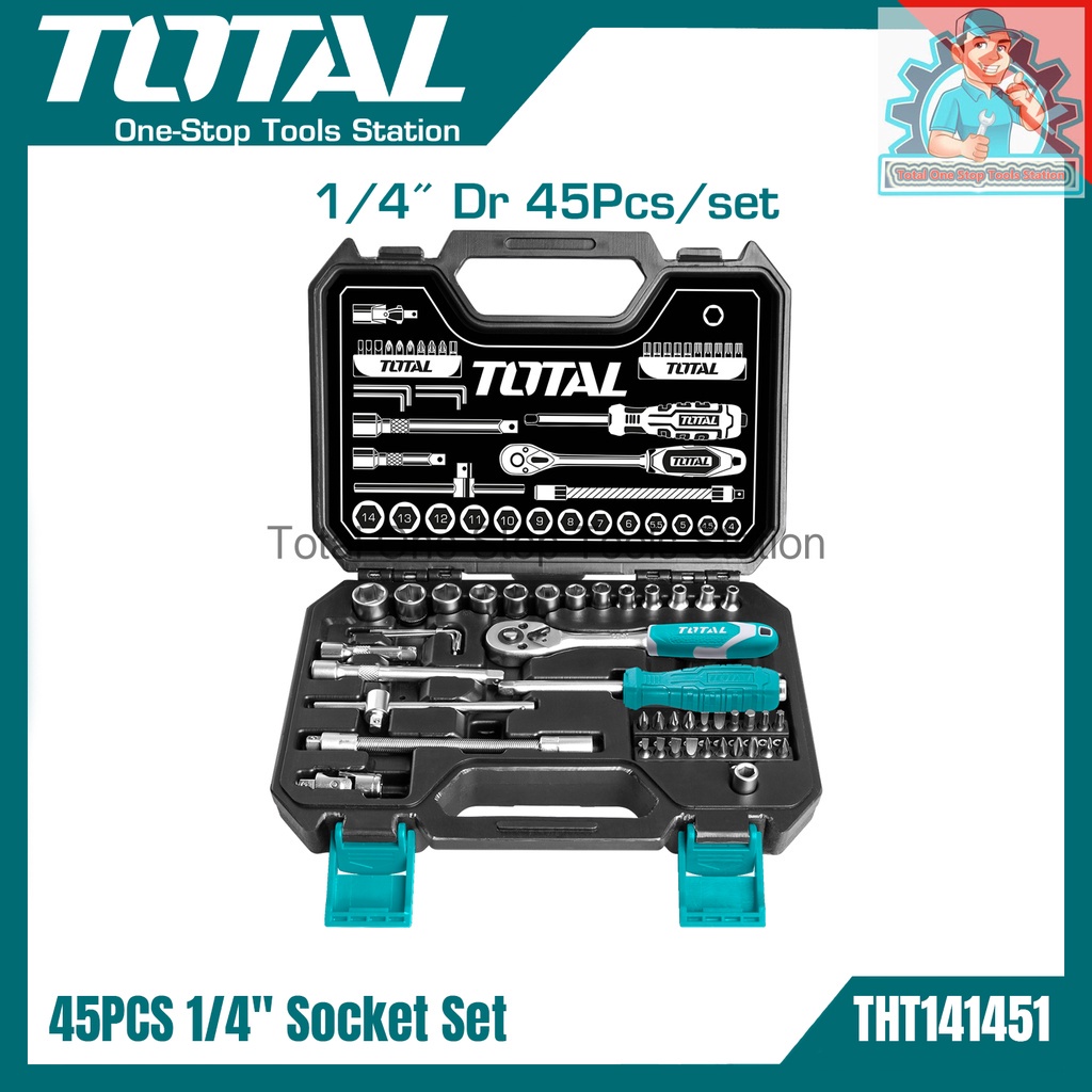 TOTAL 45PCS 1/4" Socket set Premium Industrial TOOLS THT141451 | Shopee ...