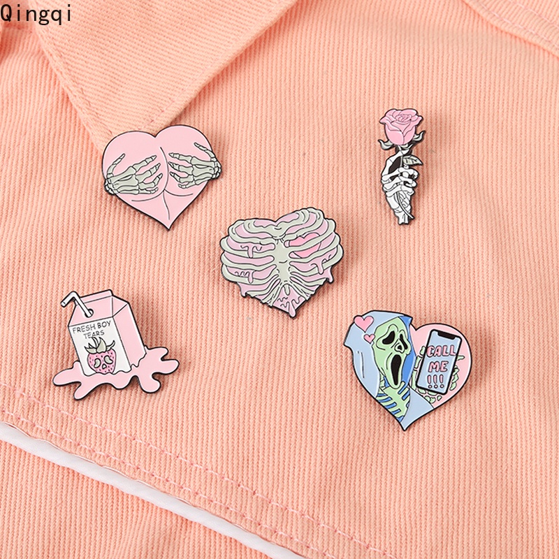 Cute Pink Skeleton Enamel Pin Funny Rose Skull Brooch Badges Clothes ...