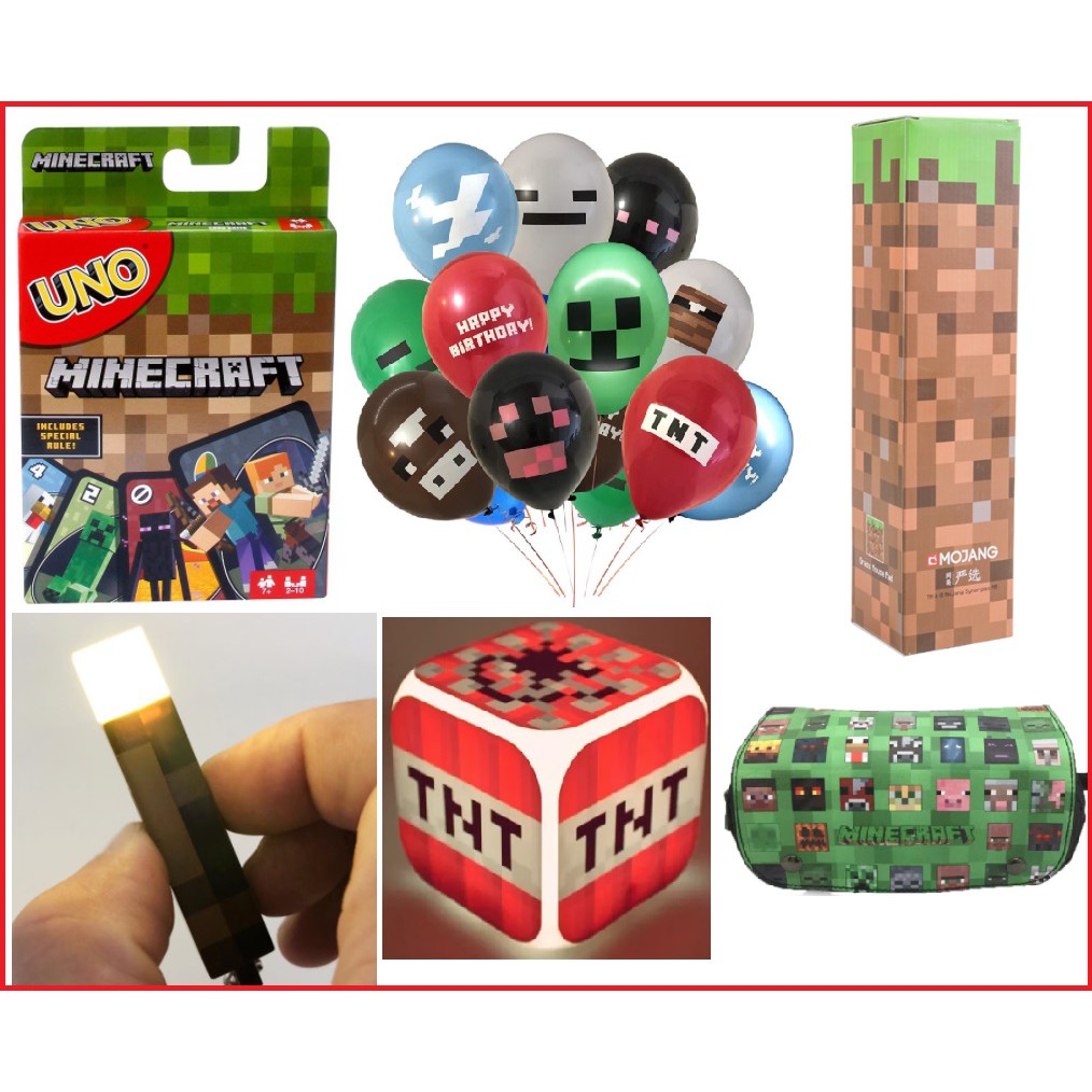 Minecraft toys (Uno, Balloons, Torch keychain, pen bag, TNT alarm ...