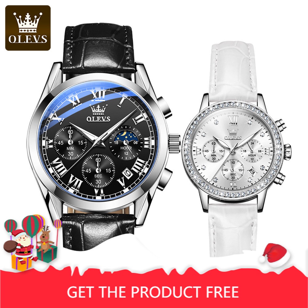 OLEVS Christmas Gift Watch For Couple Original Waterproof Leather Strap ...