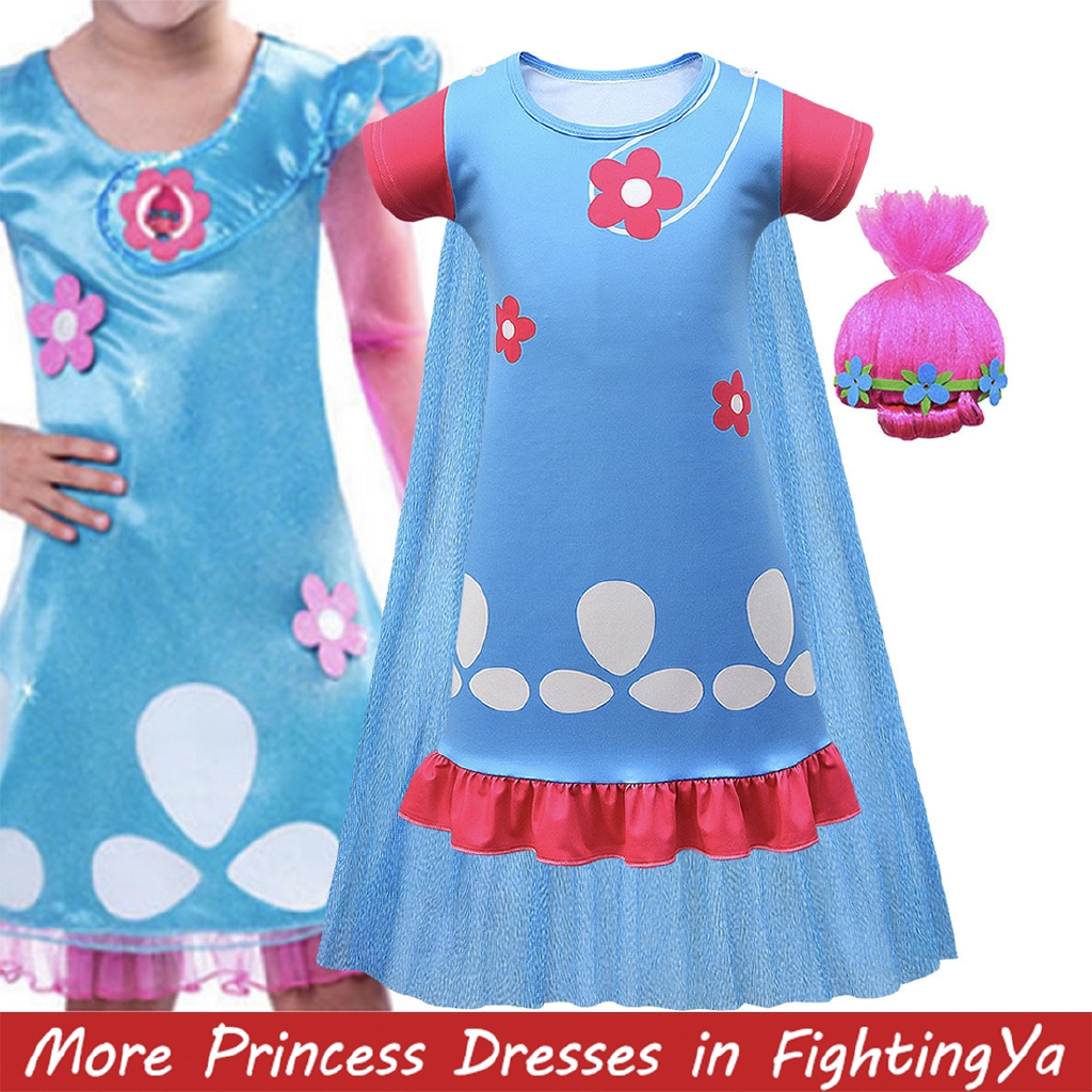 Troll Dresses for Girls Trolls Poppy Cosplay Costume with Cloak Wig ...