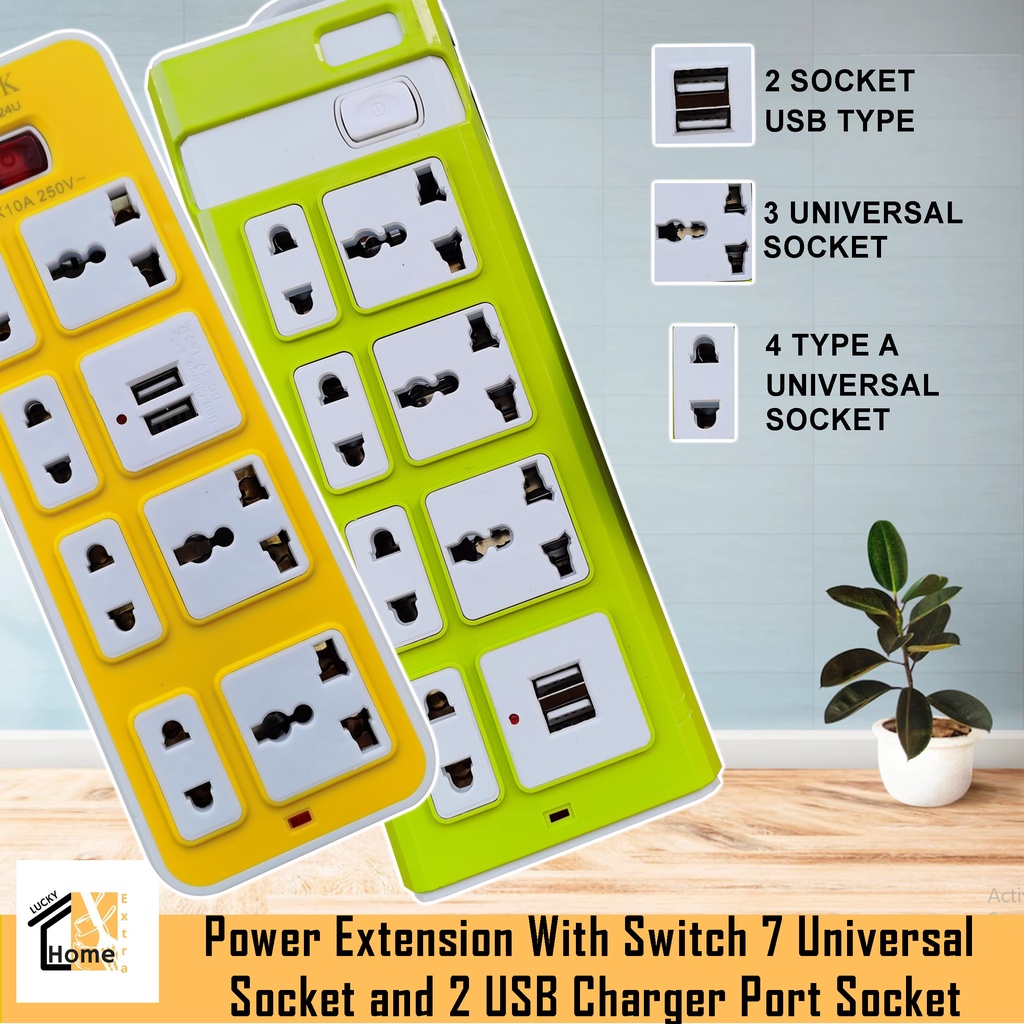 Lucky Power Extension With Switch 7 Universal Socket and 2 USB Charger ...